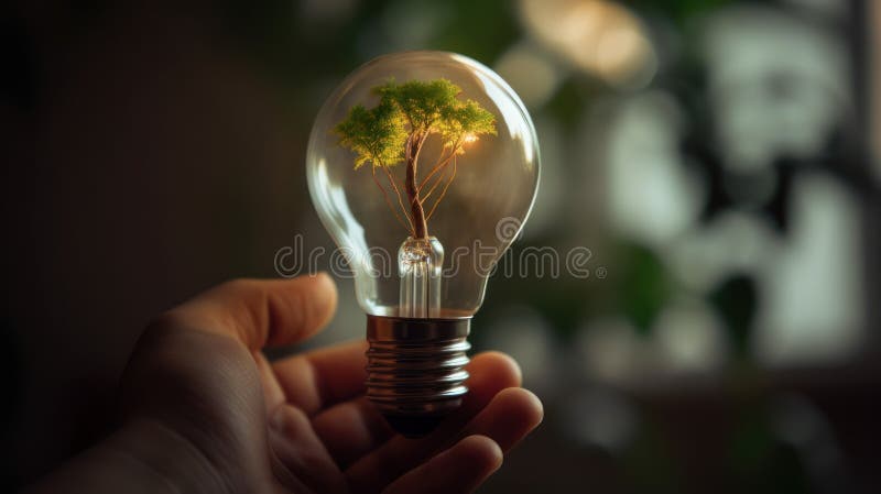 A Small Tree Planted in an Energy-saving Light Bulb, Holding by a Hand ...