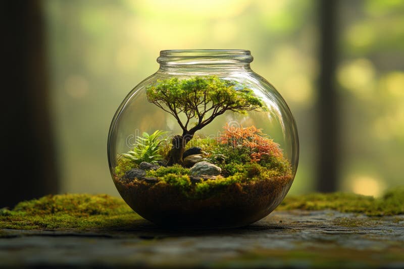 Small Tree and Plants Growing Inside Glass Jar on Mossy Surface ...