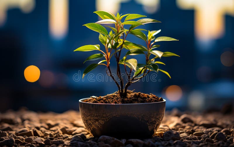 Small Tree in Pot and City in the Background Stock Photo - Image of ...