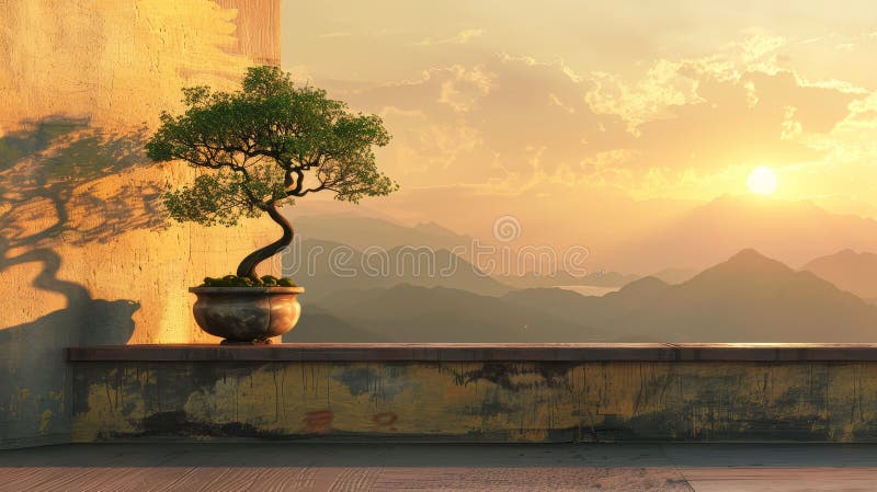 A Small Tree is in a Pot on a Ledge Next To a Wall Stock Photo - Image ...