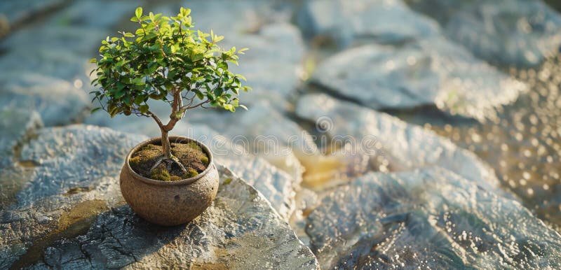 A Small Tree in a Pot Sitting on a Rock. Suitable for Gardening ...