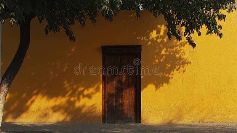 A Small Tree S Shadows Fall on a Yellow Wall beside a Wooden Door in ...