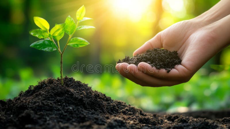 A Small Tree Sapling is Being Held by a Hand with the Warm Sunlight ...