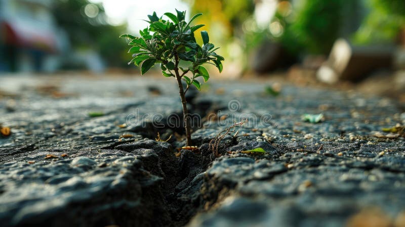 Small Tree Sapling Growing Out of Concrete Pavement on the Road Stock ...