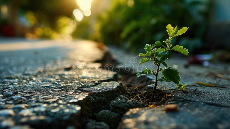 Small Tree Sapling Growing Out of Concrete Pavement on the Road Stock ...