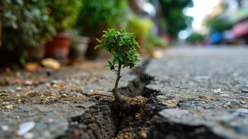 Small Tree Sapling Growing Out of Concrete Pavement on the Road Stock ...