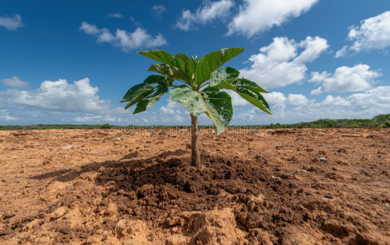 Small Tree Sapling Planted in Arid Soil Under a Bright Blue Sky Stock ...