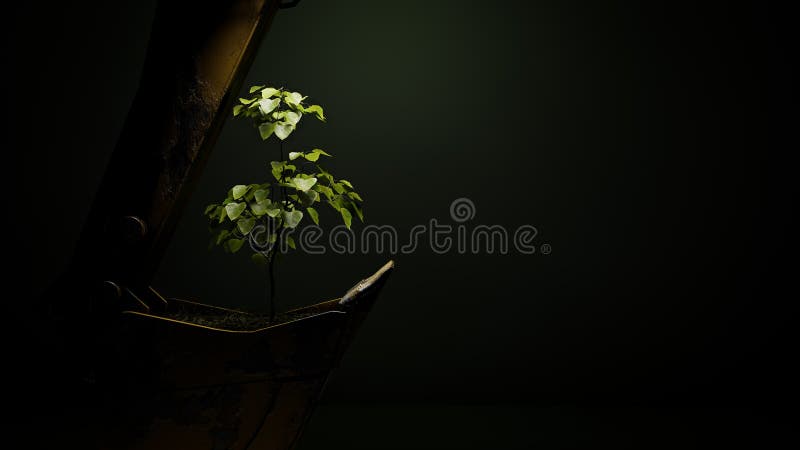 A Small Tree Seedling in a Large Excavator Bucket in the Spotlight ...