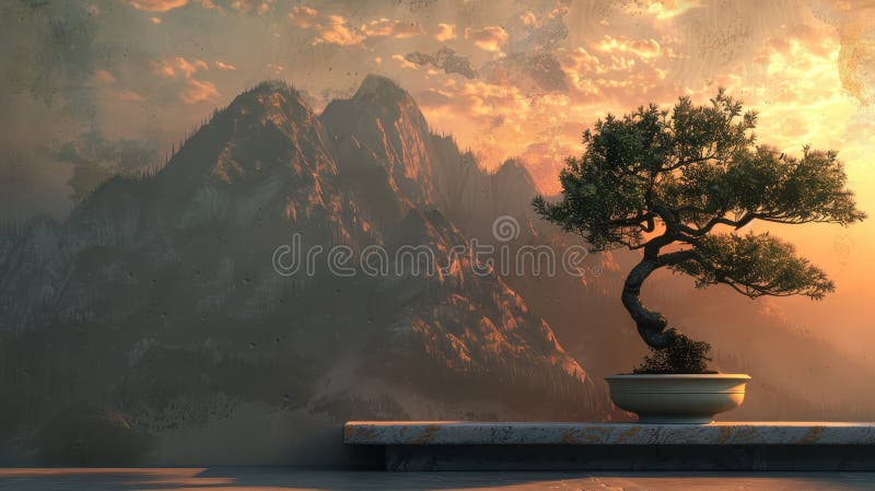 A Small Tree is Sitting on a Ledge in Front of a Mountain Range Stock ...