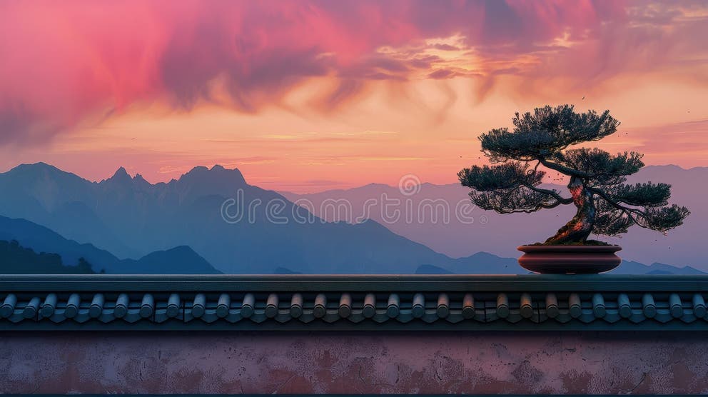 A Small Tree is Sitting on a Ledge in Front of a Mountain Range Stock ...