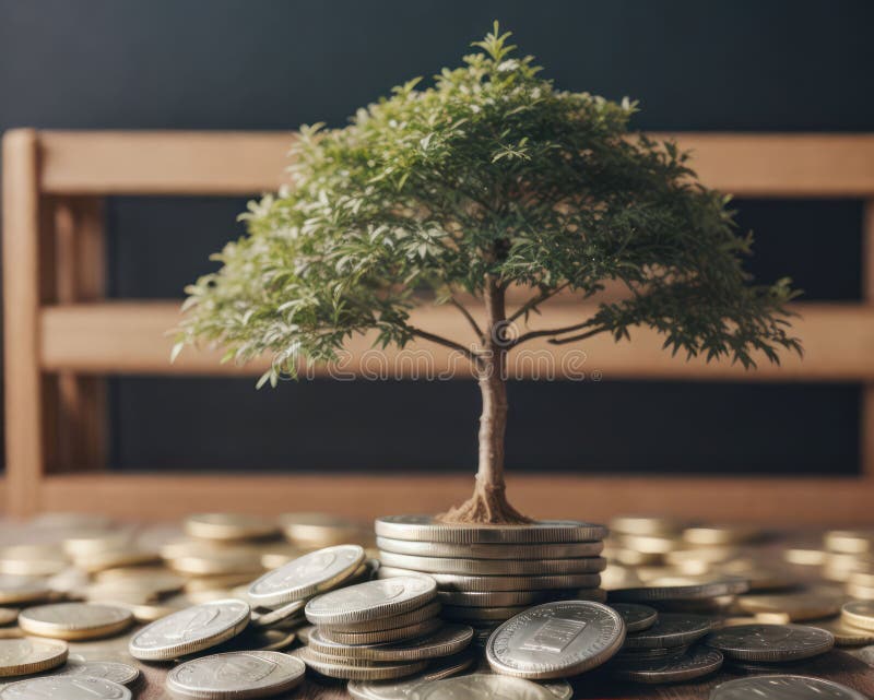 A Small Tree Sitting on Top of Coins Stock Illustration - Illustration ...