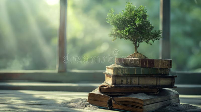 A Small Tree is Sitting on Top of a Stack of Books. Environmental ...