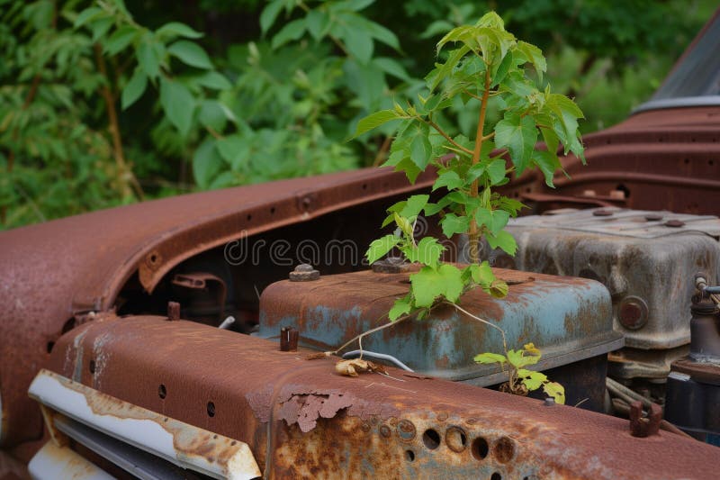 Small Tree Sprouting from Cars Rusted Engine Compartment Stock Photo ...