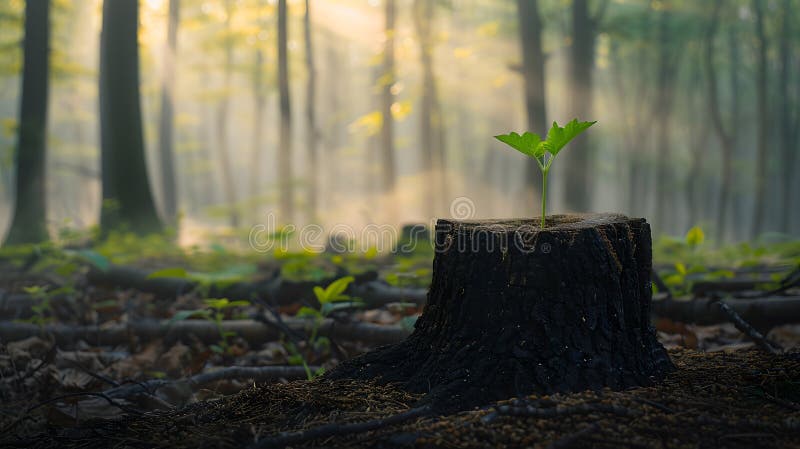 Young Tree Sprouting from Old Stump in Foggy Forest at Sunrise, Ai ...