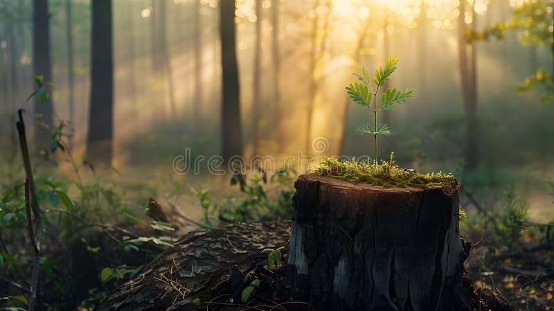 Small Tree Sprouting from Fallen Stump in Foggy Forest - AI Generated ...