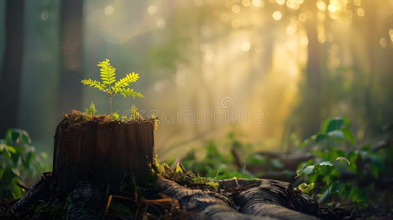 Young Tree Sprouting from Fallen Stump in Foggy Forest at Sunrise - AI ...