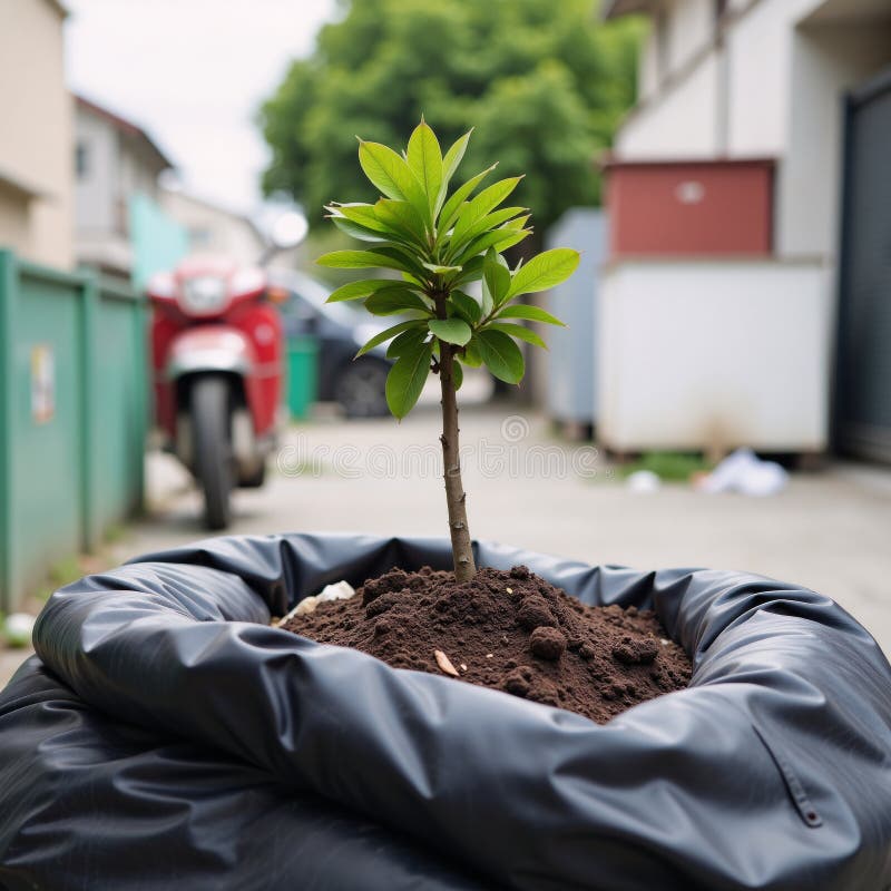 A Small Tree Sprouts from a Mound of Trash in Its Backdrop Stock ...