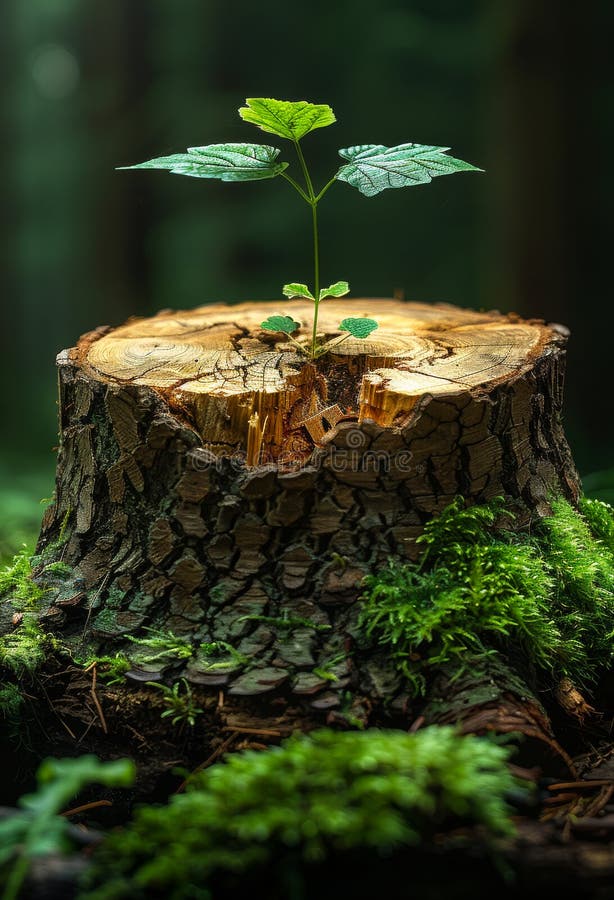Small Tree Sprouts from Stump in the Forest. a Tree Stump with Its Top ...