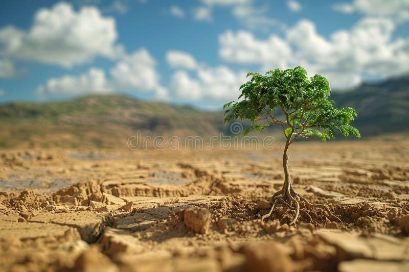 Small Tree Stands Alone in Parched, Cracked Earth Environment Stock ...