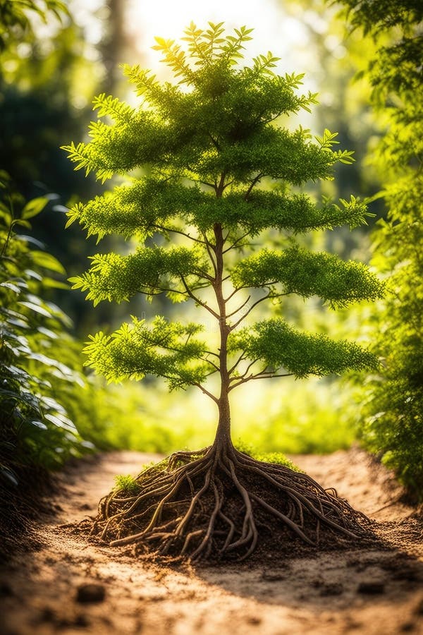 A Small Tree at Sunrise, Vertical Composition Stock Illustration ...