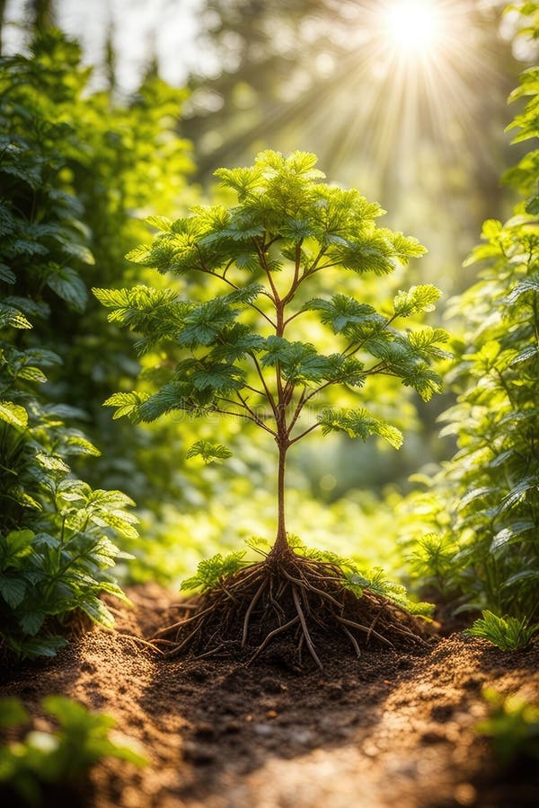 A Small Tree at Sunrise, Vertical Composition Stock Illustration ...