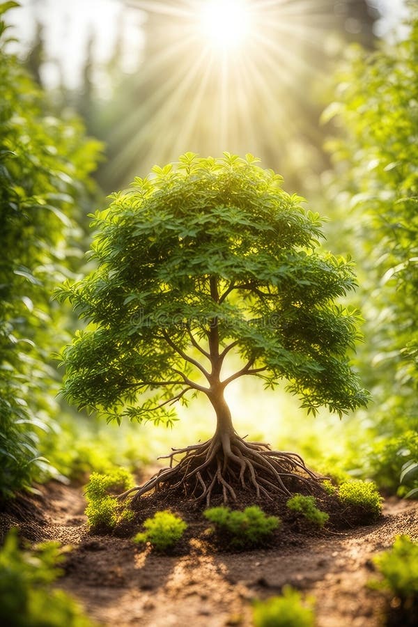 A Small Tree at Sunrise, Vertical Composition Stock Illustration ...