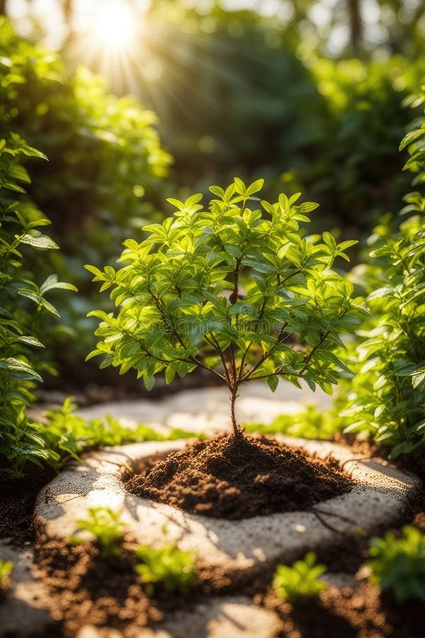 A Small Tree at Sunrise, Vertical Composition Stock Illustration ...
