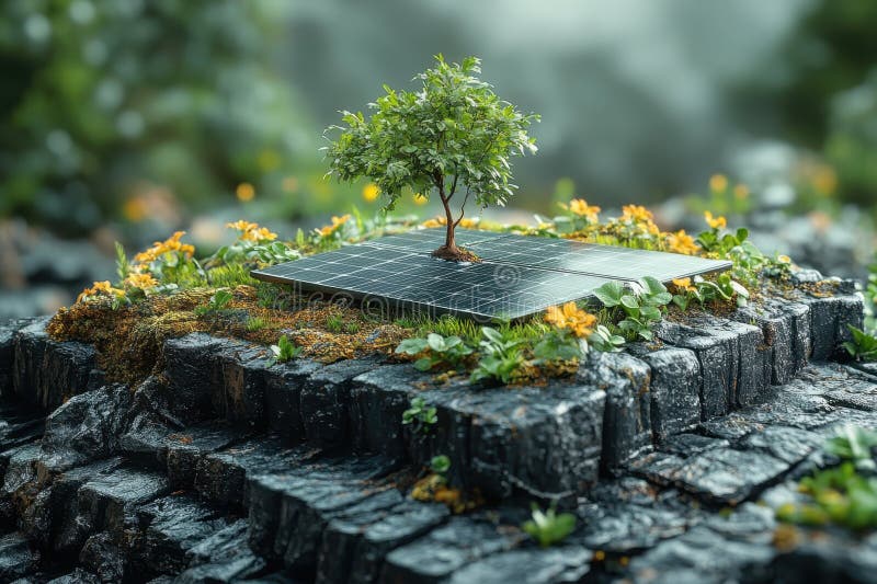 A Small Tree Thriving on a Solar Panel in a Lush, Green Environment ...