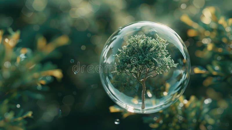 A Small Tree Enclosed within a Transparent Bubble in a Green Forest ...