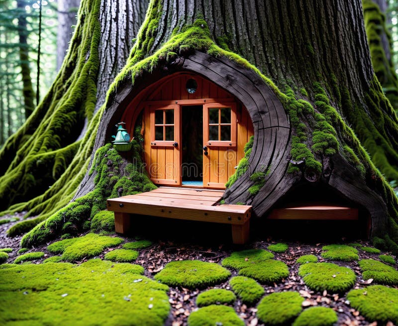 A Small Treehouse Nestled in the Trunk of a Giant Tree in a Forest ...