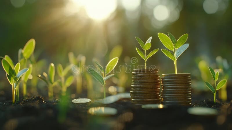 Small Trees Growing on Stacked Coins Symbolizing Step by Step Success ...