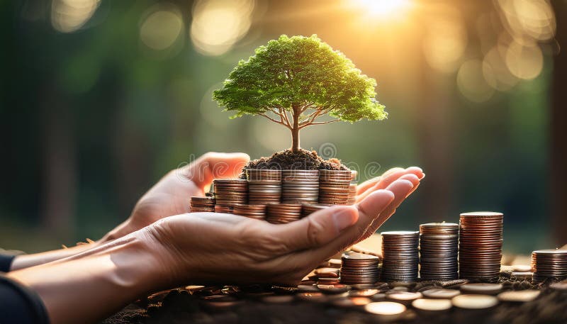 Small Trees Growing from Stacks of Coins, Held in Hands. Generative AI ...