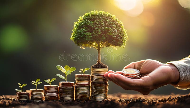 Small Trees Growing from Stacks of Coins, Held in Hands. Generative AI ...