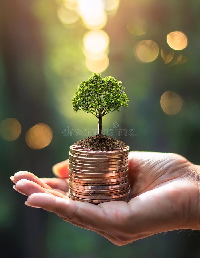 Small Trees Growing from Stacks of Coins, Held in Hands. Generative AI ...