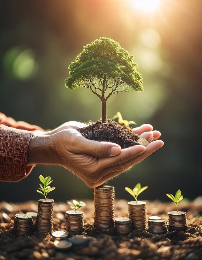 Small Trees Growing from Stacks of Coins, Held in Hands. Generative AI ...