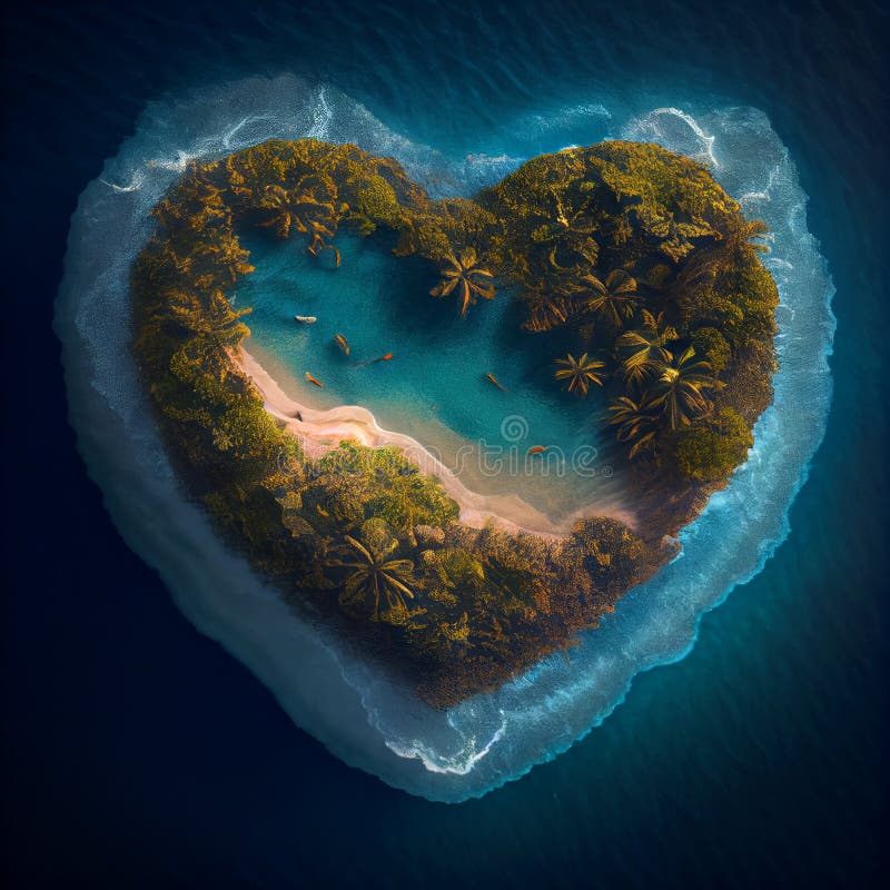 Small Tropical Island in the Shape of a Heart in the Waves of the Ocean ...