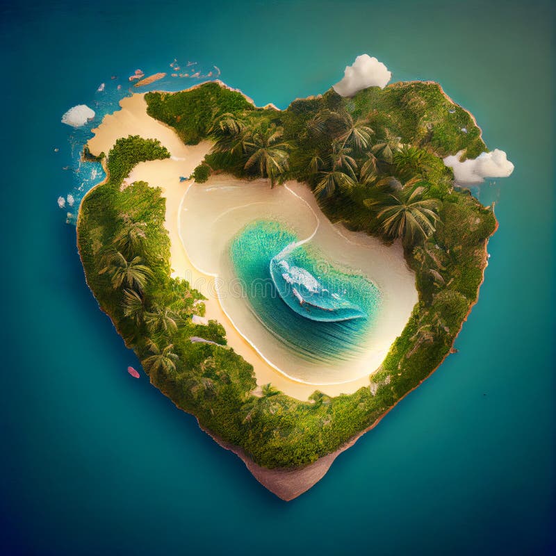 Small Tropical Island in the Shape of a Heart in the Waves of the Ocean ...
