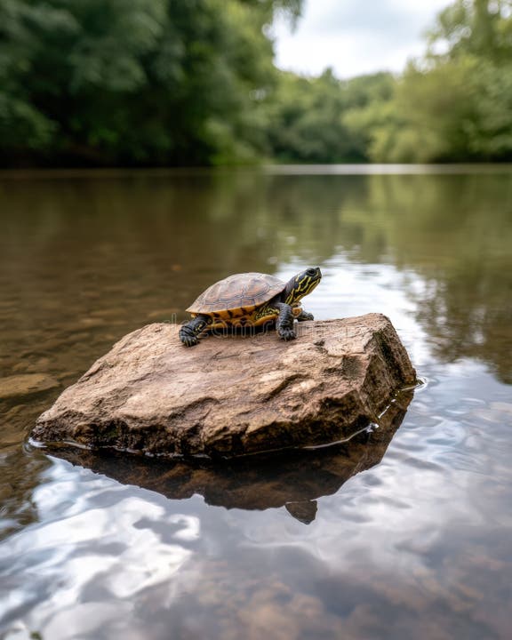 Small Turtle Basking on a Rock in a River. Stock Illustration ...