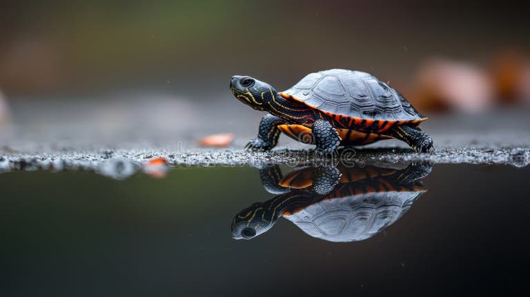 A Small Turtle with a Black Head and Orange Shell Stands on a Wet Rock ...