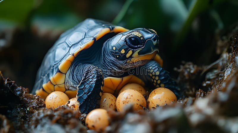 A Small Turtle with a Black and Yellow Shell Sits on a Nest of Eggs ...
