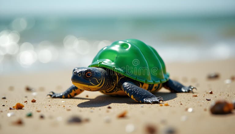 A Small Turtle Crawling on a Sandy Beach with a Shell Made of a Plastic ...