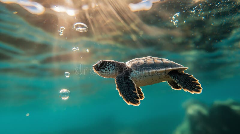 A Small Turtle Glides in Clear Water, Sunlight Filtering Down and ...