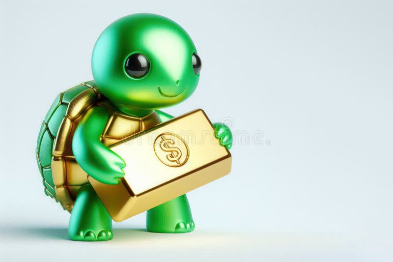 A Small Turtle Holding a Gold Bar. Space for Text. Stock Photo - Image ...