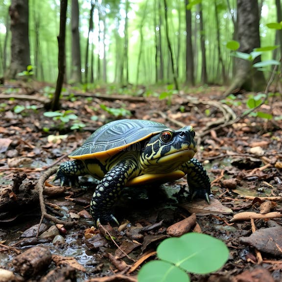 Small Turtle with Patterned Shell and Yellow Markings Walks Across ...
