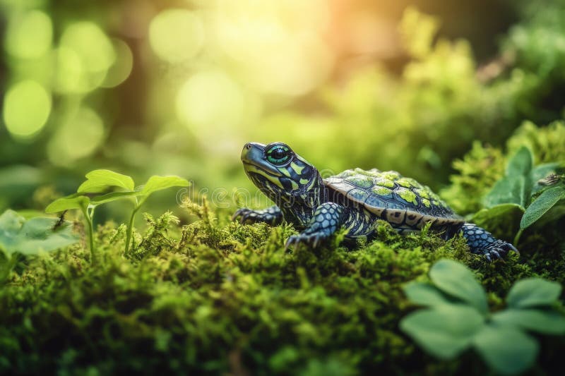 Small Turtle Sitting Tree Branch Lush Green Forest Stock Photos - Free ...