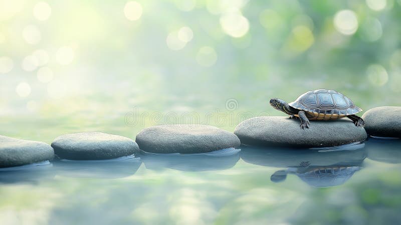 Small Turtle, Slowly Crawling Across a Smooth Stone Surface, with Its ...