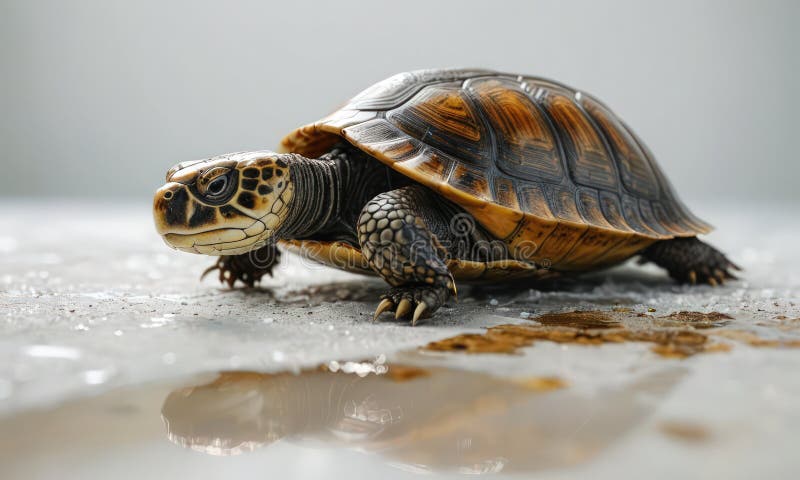 A Small Turtle is Standing on a White Surface, with Its Head Up and ...