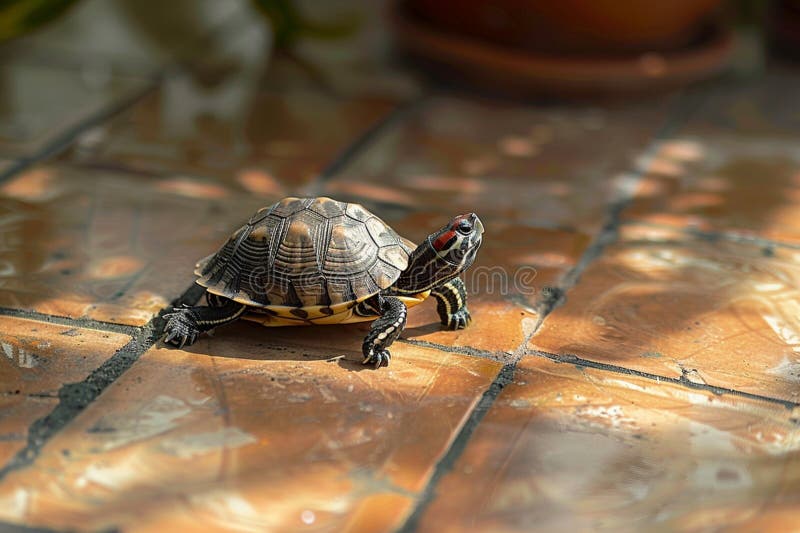 Small Turtle Traverses Tile Floor, Shell Glinting in Ambient Light ...