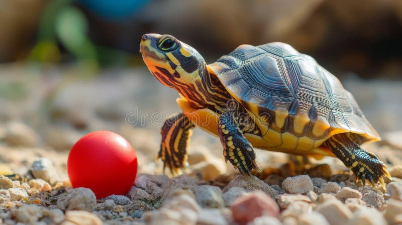 Small Turtle Walking Towards Red Ball on Rocky Ground Stock ...