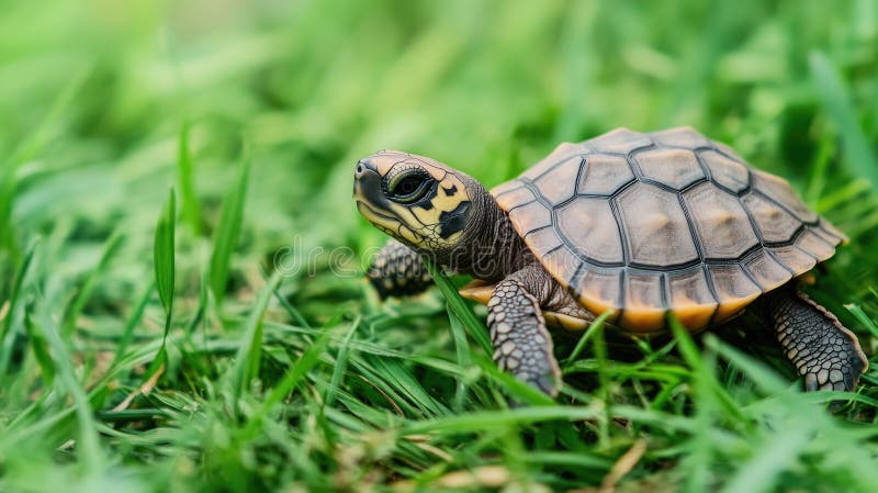 A Small Turtle Walks Across Lush Green Grass Stock Photo - Image of ...